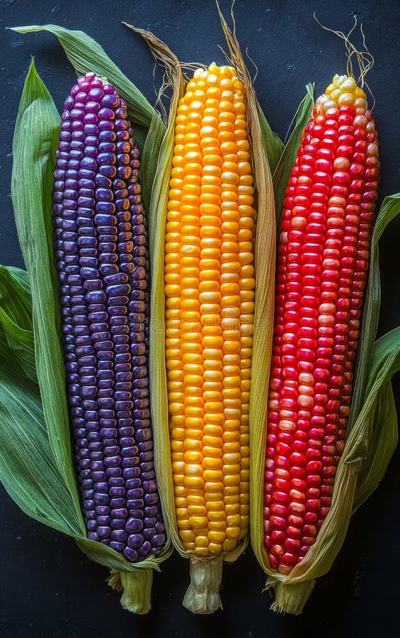Three Different Colored Corn Cobs are Displayed on a Black Background ...
