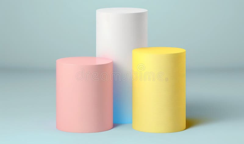 Three Different Colored Cylinders on a Light Blue Background with a ...