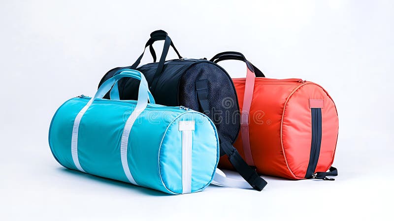 Three Different Colored Duffle Bags are Stacked on Top of Each Other ...
