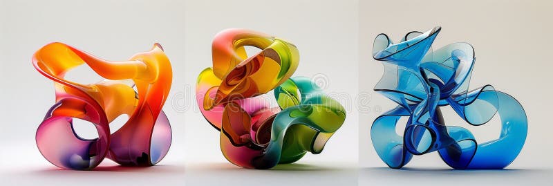 Three Different Colored Glass Sculptures, Each with an Abstract Shape ...
