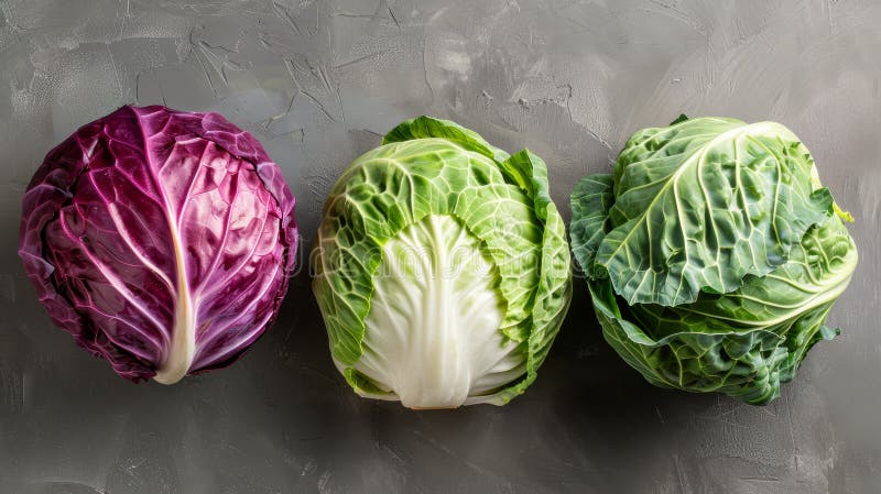 Three Different Colored Heads of Cabbage are Displayed on a Grey ...