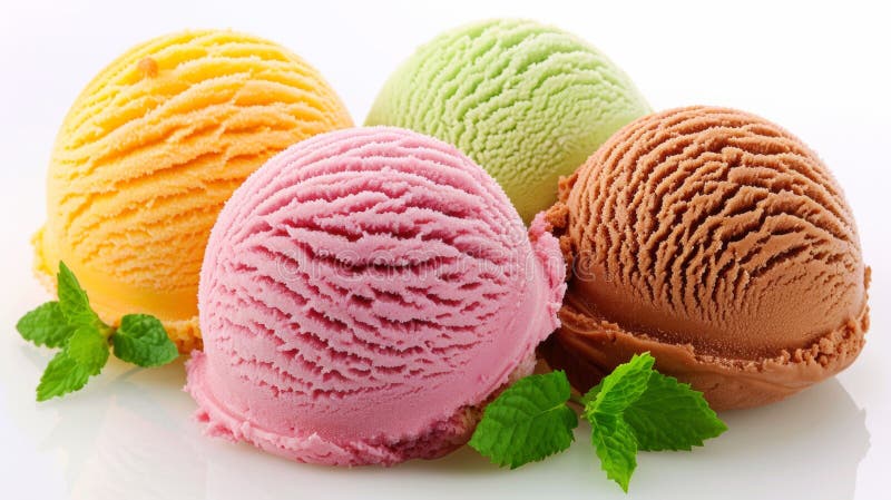 Three Different Colored Ice Cream Cones with Mint Leaves on Top, AI ...