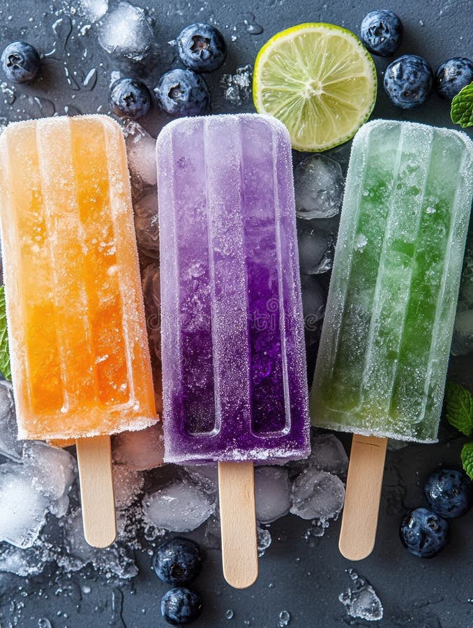 Three Different Colored Ice Pops are Sitting on a Table with Ice and ...
