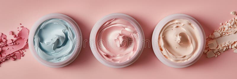 Three Different Colored Jars of Makeup are Lined Up on a Pink ...