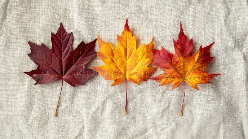 Three Different Colored Leaves are Arranged in a Row on a White ...