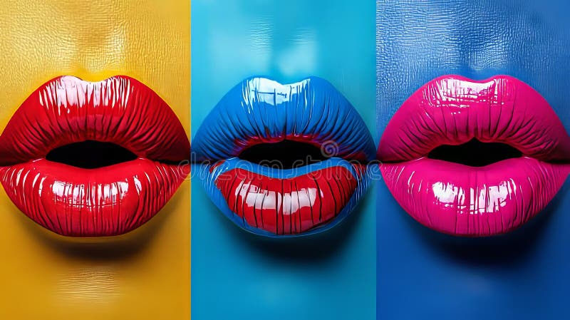 Three Different Colored Lips on a Blue Yellow and Red Background Stock ...