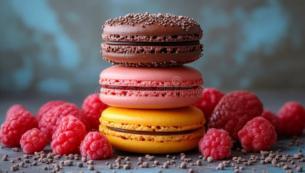 Three Different Colored Macarons with Raspberries on Top Stock Photo - Image of traditional ...