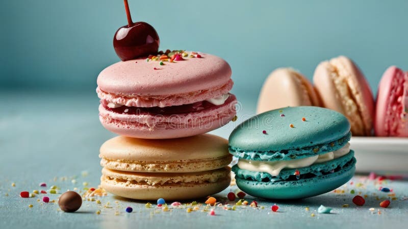 Three Different Colored Macarons are Stacked on Top of Each Other Stock ...