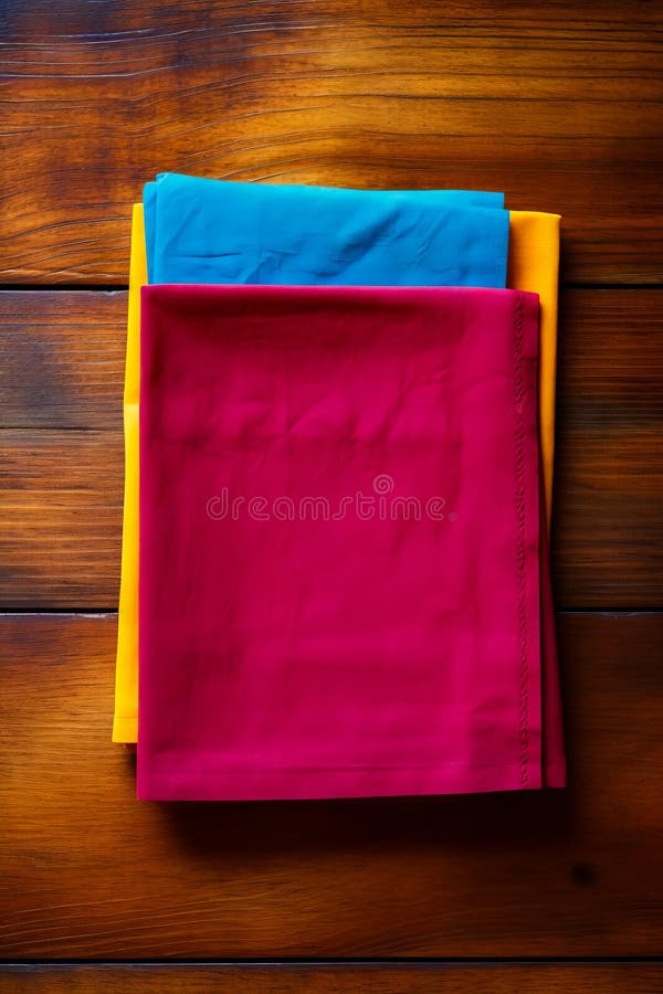 Three Different Colored Napkins on Wooden Table Top View. Generative AI ...