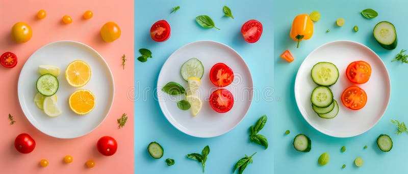 Three Different Colored Plates with Various Vegetables, Colorful ...