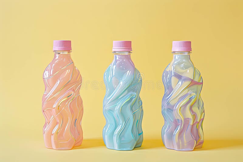Three Different Colored and Shaped Water Bottles in the Style of Pastel ...