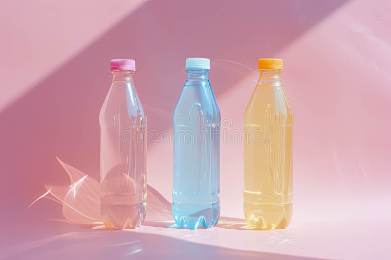 Three Different Colored and Shaped Water Bottles in the Style of Pastel ...