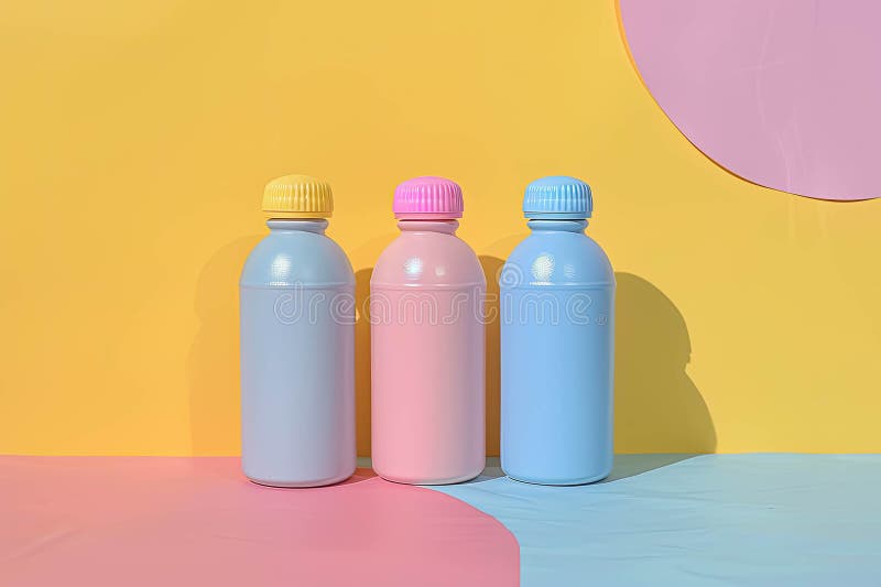 Three Different Colored and Shaped Water Bottles in the Style of Pastel ...