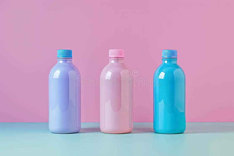 Three Different Colored and Shaped Water Bottles in the Style of Pastel ...