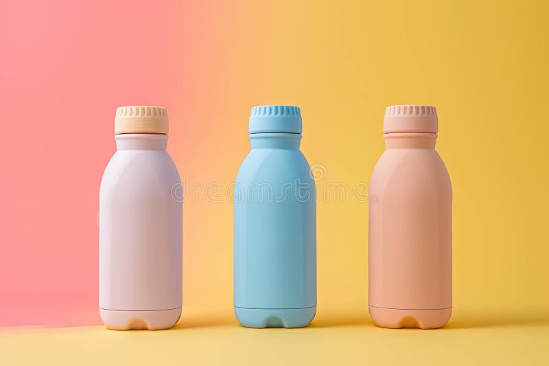 Three Different Colored and Shaped Water Bottles in the Style of Pastel ...