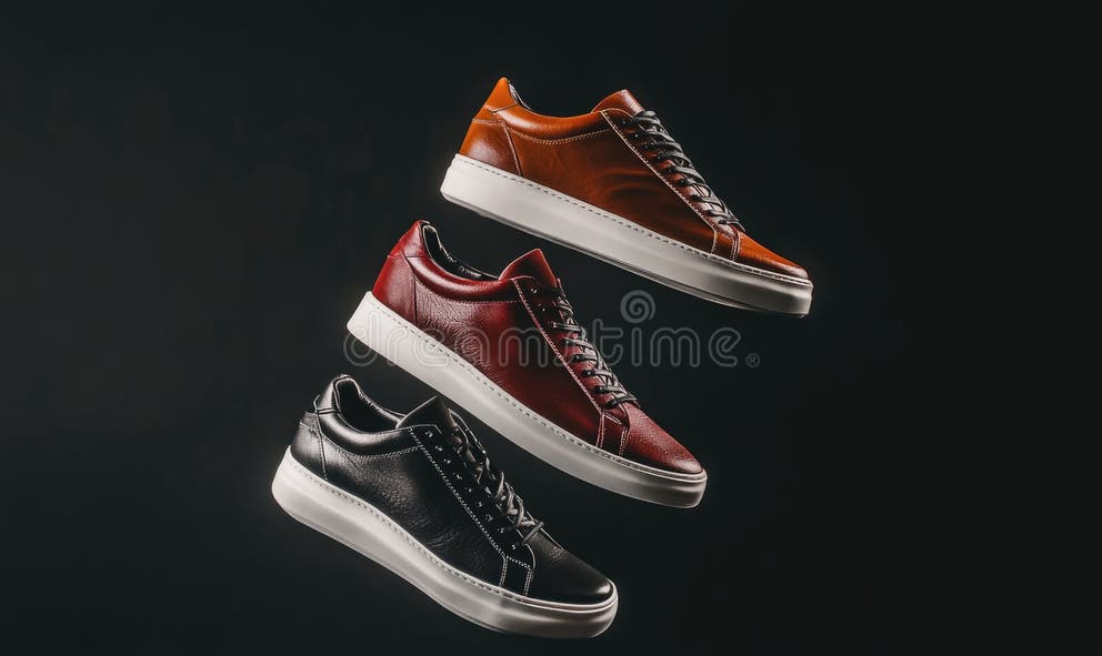 Three Different Colored Shoes are Shown in a Black Background Stock ...