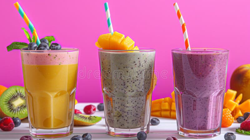 Three Different Colored Smoothies with Straws in Them Stock Image ...