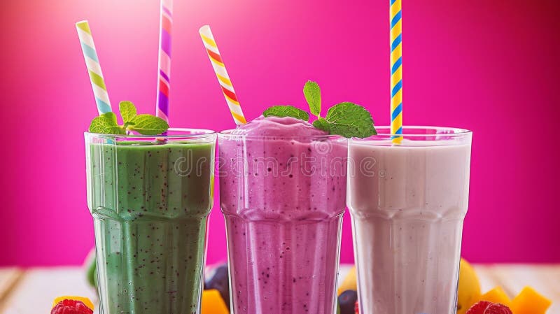 Three Different Colored Smoothies with Straws in Them Stock Photo ...