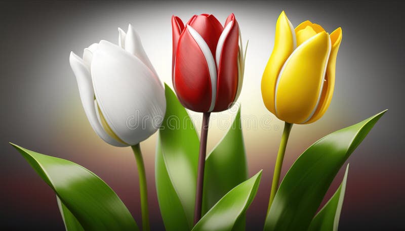 Three Different Colored Tulips with Green Leaves on a Gray Background ...