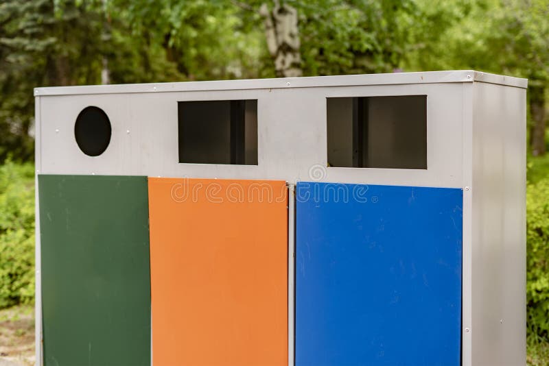 Three Different Colorful Metal Trash Bins or Containers, Garbage ...