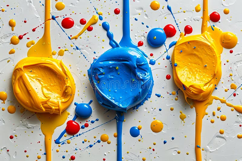 Three Different Colors of Paint are Splattered on a White Surface Stock ...
