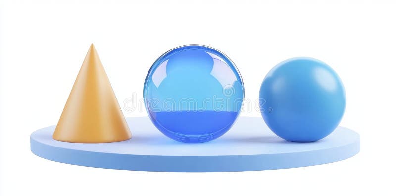 Three Different 3D Rendering Icons with Glass Spheres, Cones, and ...