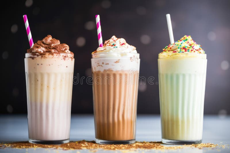 Three Different Flavored Milkshakes with Colored Straws Stock Photo ...