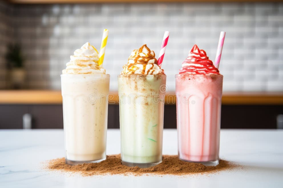 Three Different Flavored Milkshakes with Colored Straws Stock Image ...