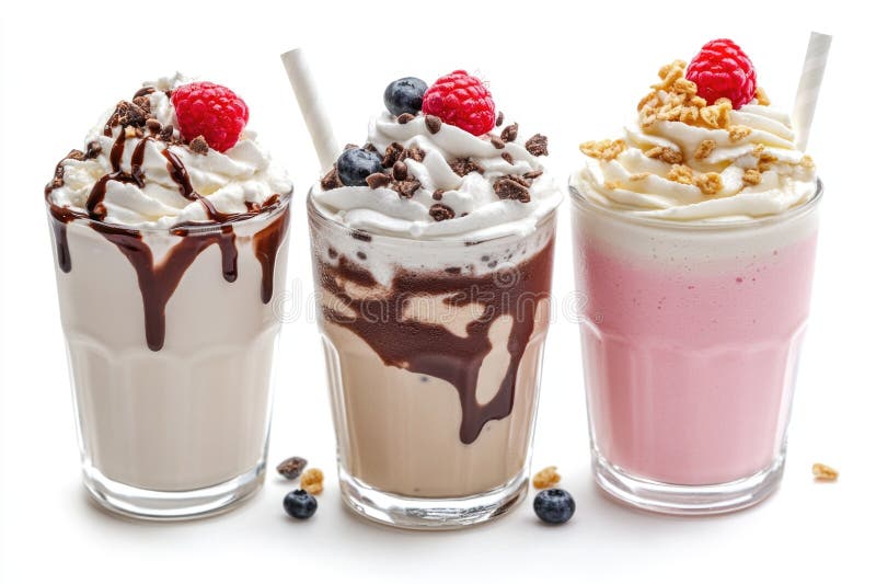 Three Different Flavored Milkshakes with Whipped Cream and Fruit on Top ...
