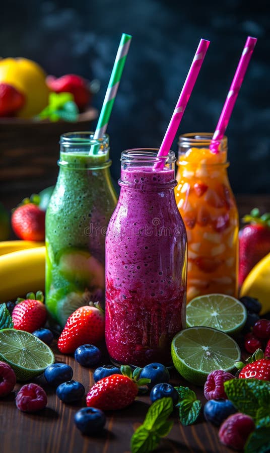 Three Different Fresh Smoothies with Fruits and Berries on Wooden Table ...