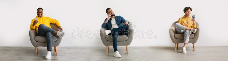 Three Different Men Using Mobile Phones while Relaxing in Armchairs at ...