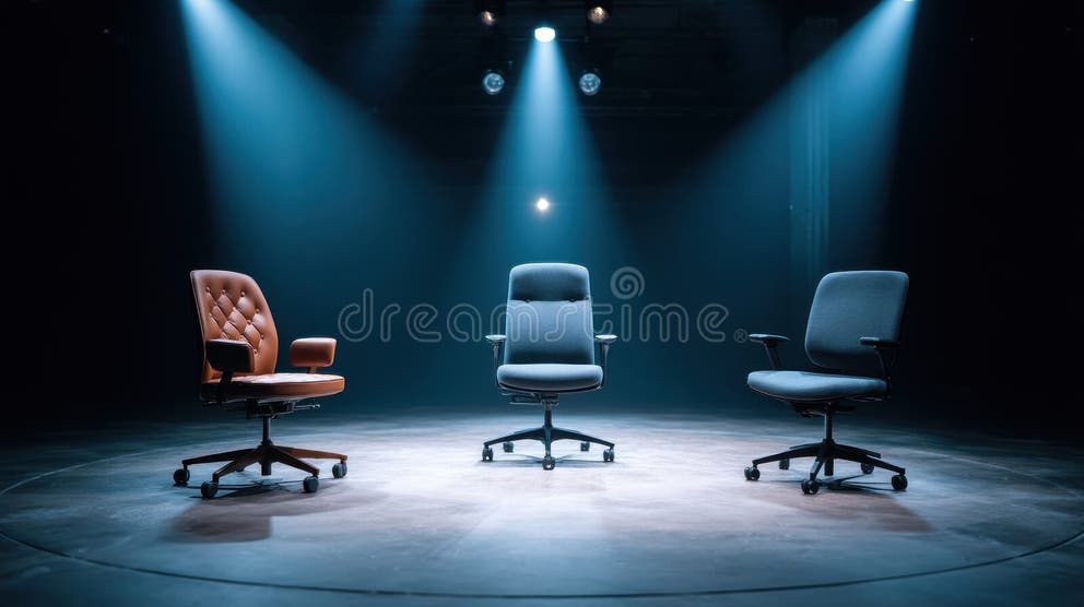 Three Different Office Chairs Under Spotlights, Arranged in a Dramatic ...