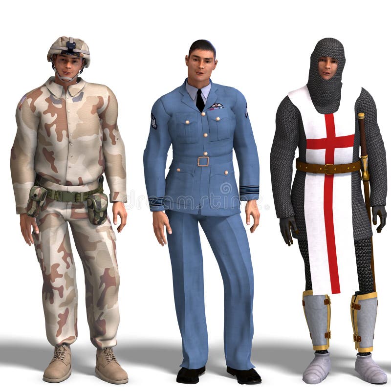 Three Different Outfits: Soldier, RAF, Knight Stock Illustration ...