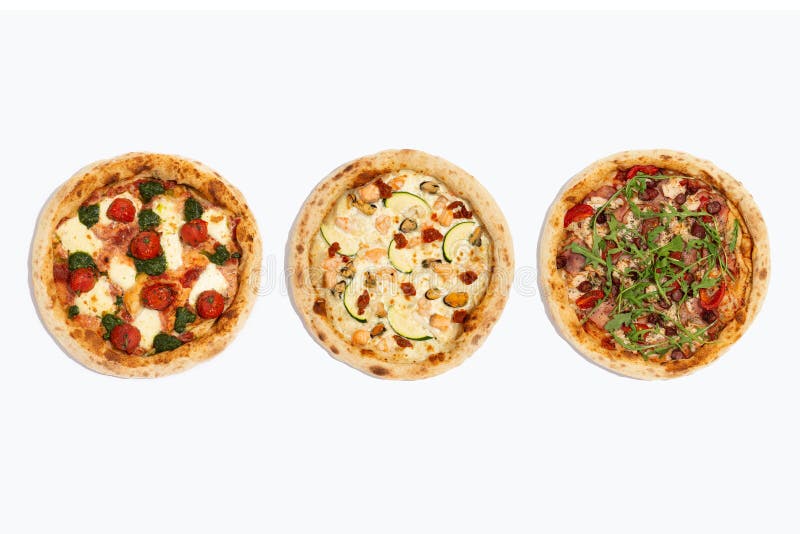 Three Different Pizzas Isolated on White Background. Top View Stock ...