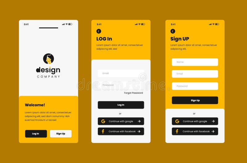 Three Different Screens of a Mobile App with a Yellow Background Stock ...