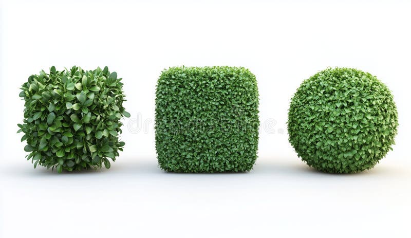 Three Different Shaped Green Shrubs: Cube, Square, and Sphere, Isolated ...