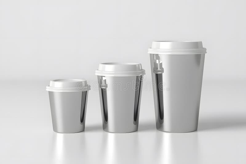 Three Different Sized Metallic Coffee Cups Mockup with White Lids ...