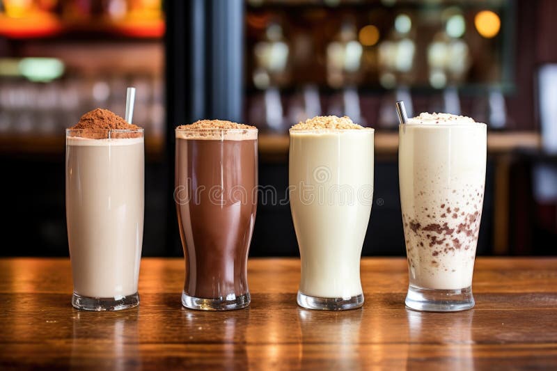 Three Different Sizes of Coffee Shakes Lined Up on the Bar Table Stock ...