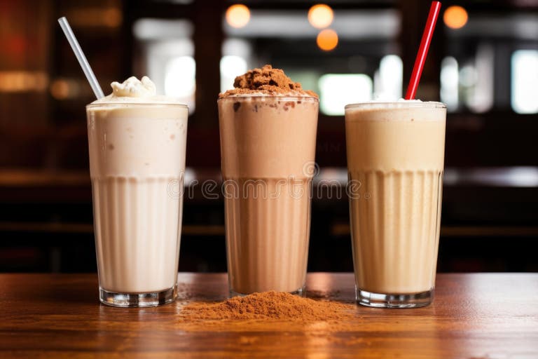 Three Different Sizes of Coffee Shakes Lined Up on the Bar Table Stock ...