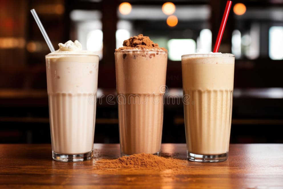 Three Different Sizes of Coffee Shakes Lined Up on the Bar Table Stock ...