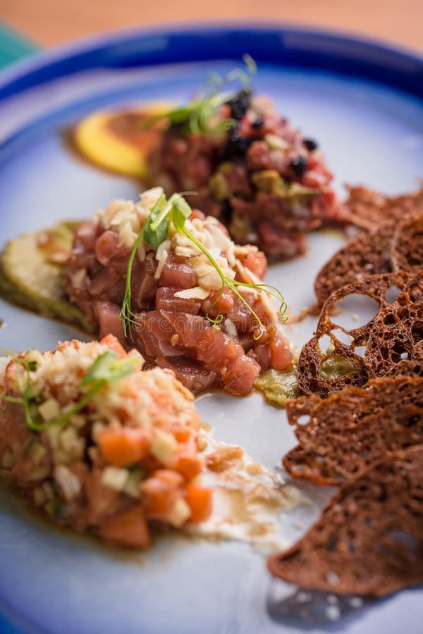 Three Different Tartars on a Blue Plate Stock Photo - Image of dinner ...