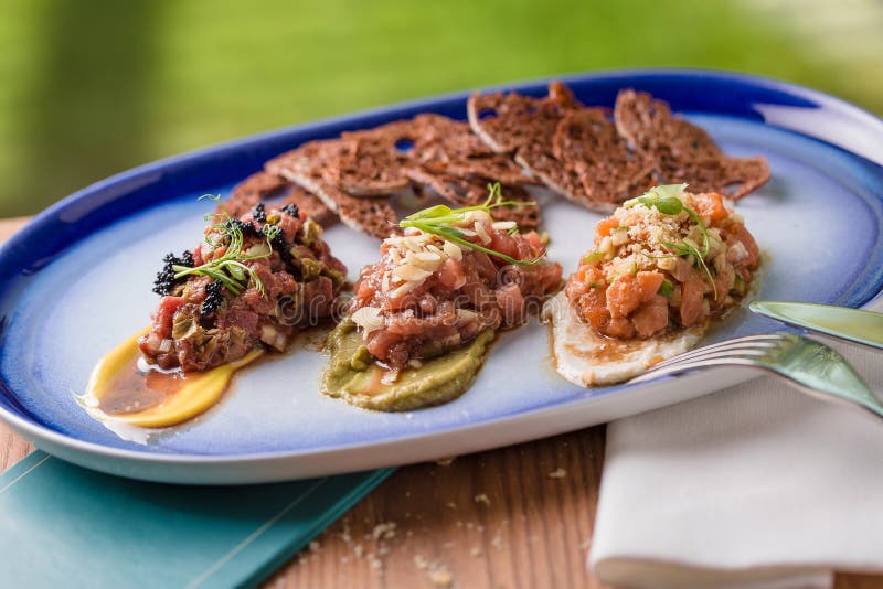 Three Different Tartars on a Blue Plate Stock Image - Image of starter ...