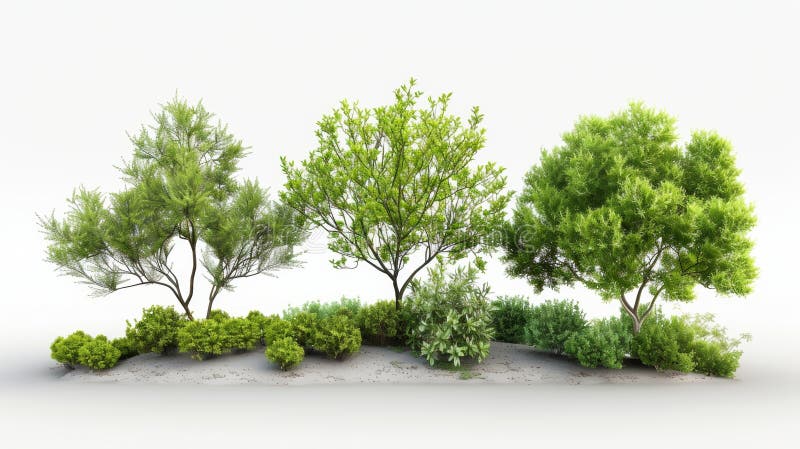 Three Different Trees with Green Foliage Growing in a Small Garden Plot ...