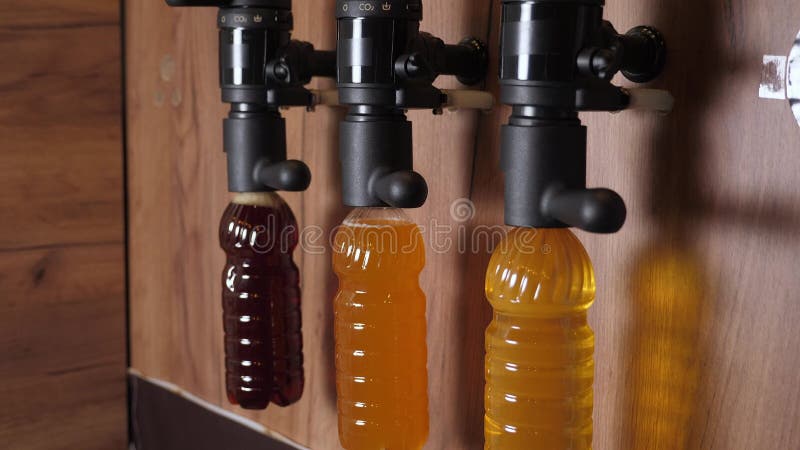 Three Different Types of Beer in Plastic Bottles on Tap at the Bar. Stock Footage - Video of ...