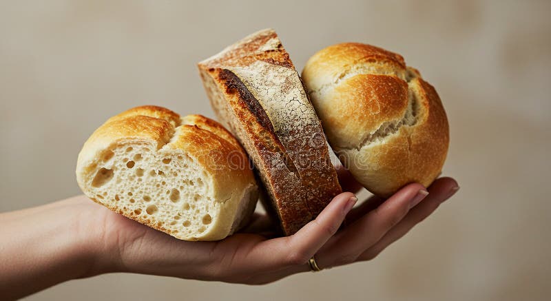 Three Different Types of Bread are Held in a Hand. from Left To Right ...