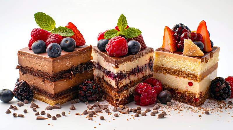 Three Different Types of Cake with Berries and Chocolate Stock Image ...