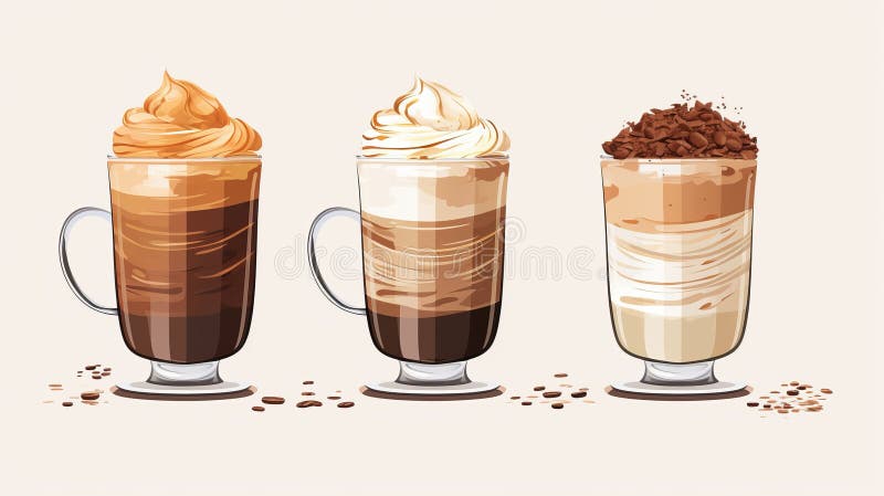 Three Different Types of Coffee Drinks in Glass Mugs Stock Illustration ...