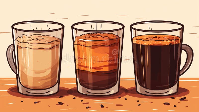 Three Different Types of Coffee Drinks in Glass Mugs Stock Illustration ...