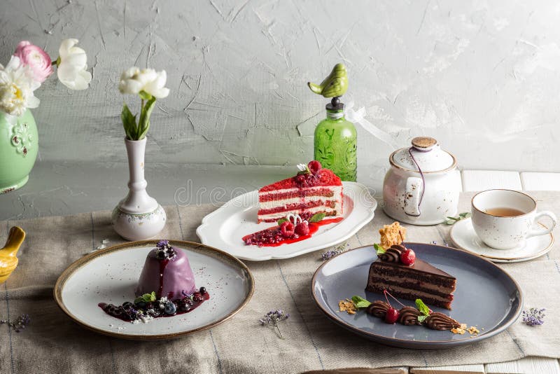 Three Different Types of Dessert Slice of Chocolate Cake, Raspberry ...