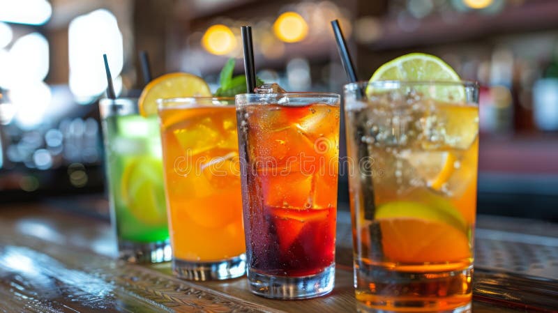 Three Different Types of Drinks Lined Up on Bar Stock Image - Image of ...